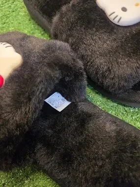 Shoes | Hello Kitty Fuzzy Slide Slippers Black Size 7 | Poshmark
